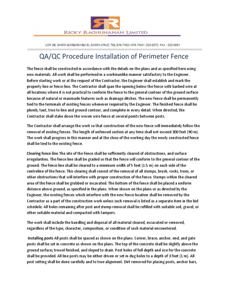 Qa Qc Procedure Installation Of Perimeter Fence Pdf Anchor Fence