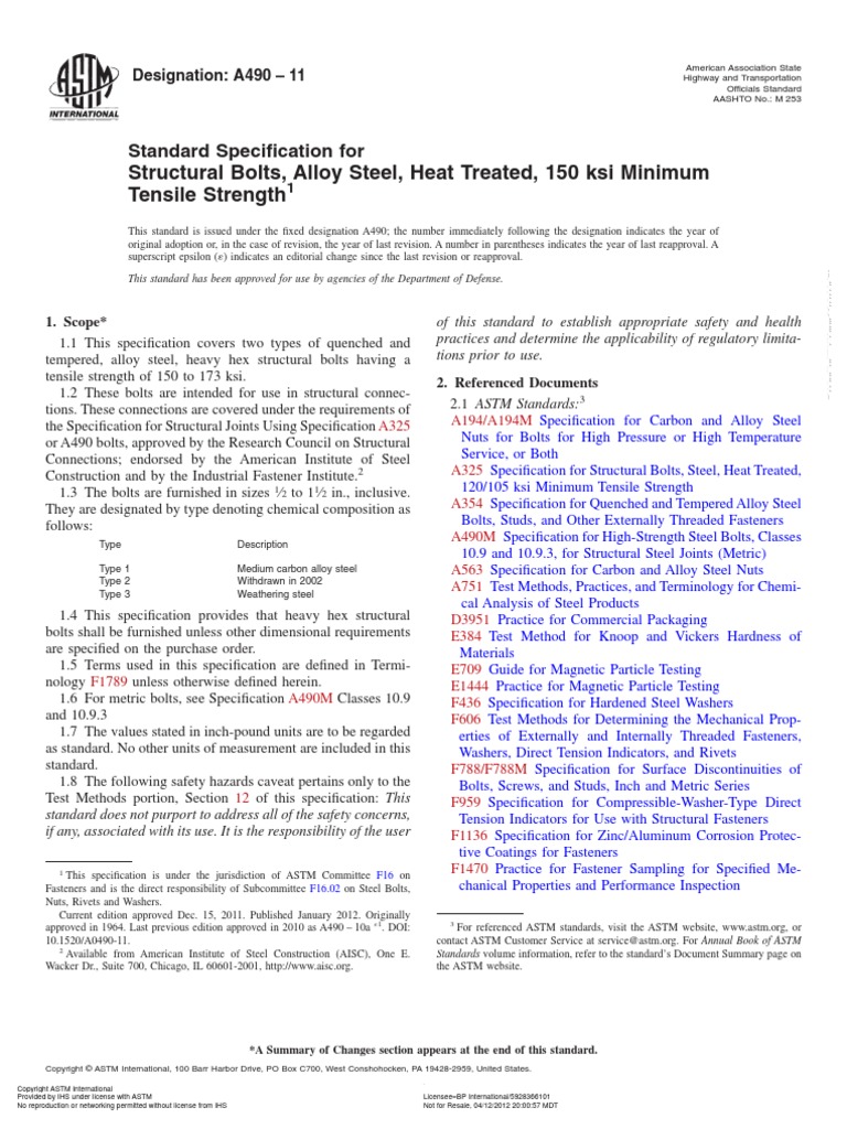 Astm A490 2011 PDF | PDF | Screw | Steel