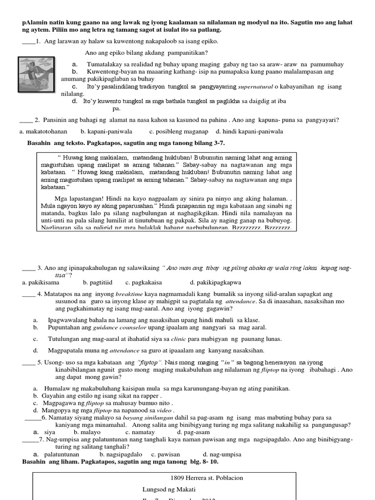 Filipino Pre-Test (Wisdom) | PDF
