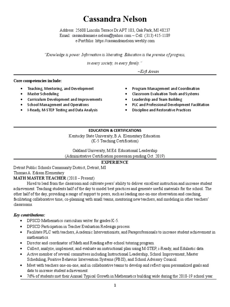 Nelson 2019-20 Resume | Download Free PDF | Teachers | Curriculum