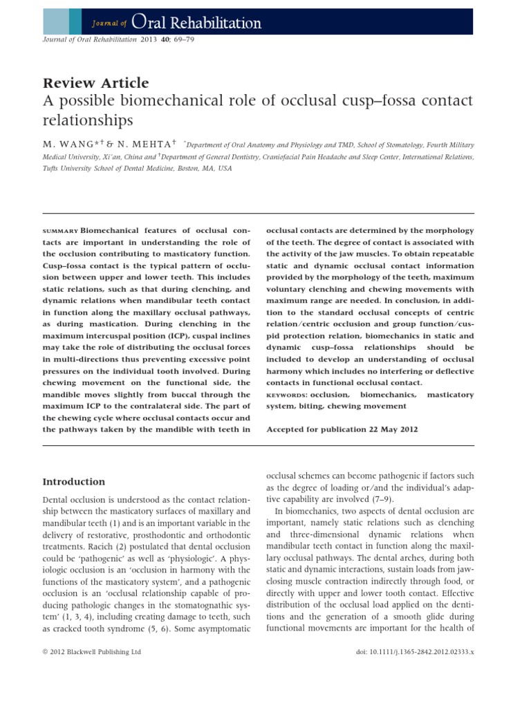 Biomechanics of Cusp-Fossa Occlusion | PDF | Human Head And Neck ...