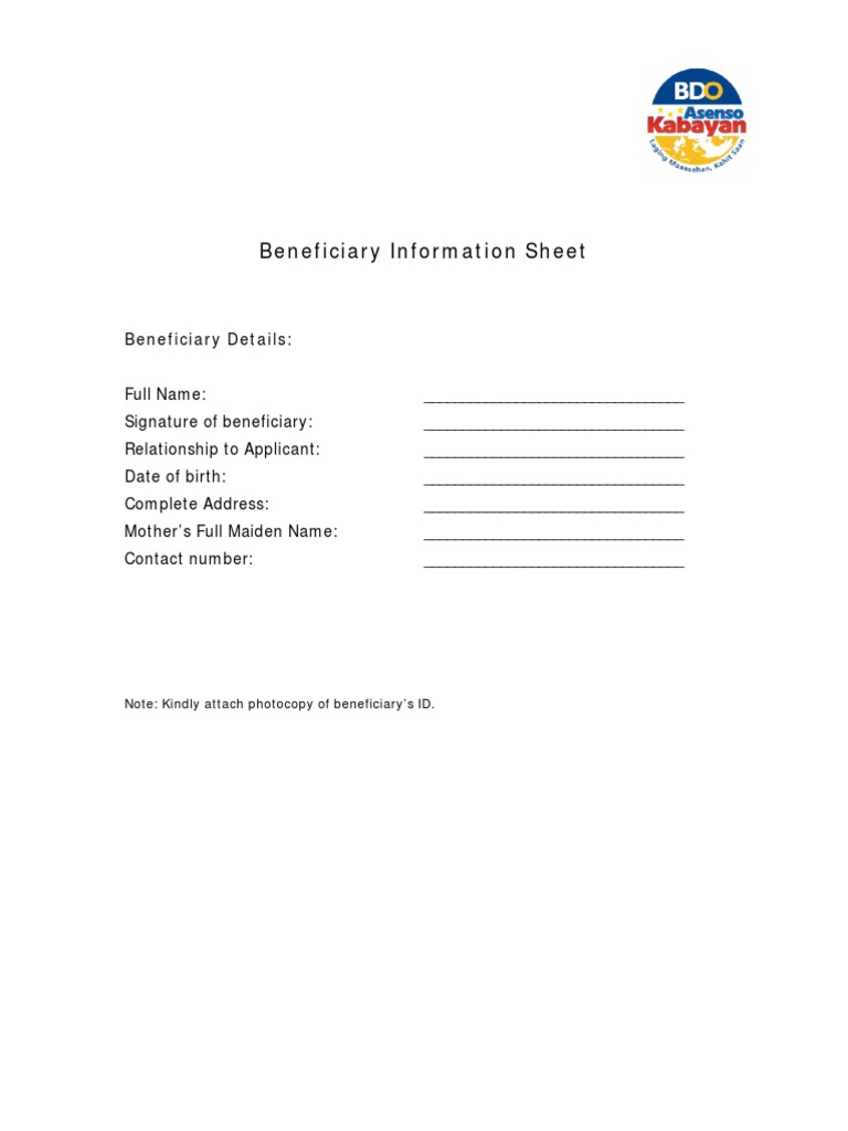 Beneficiary Information Form Template | PDF | Law
