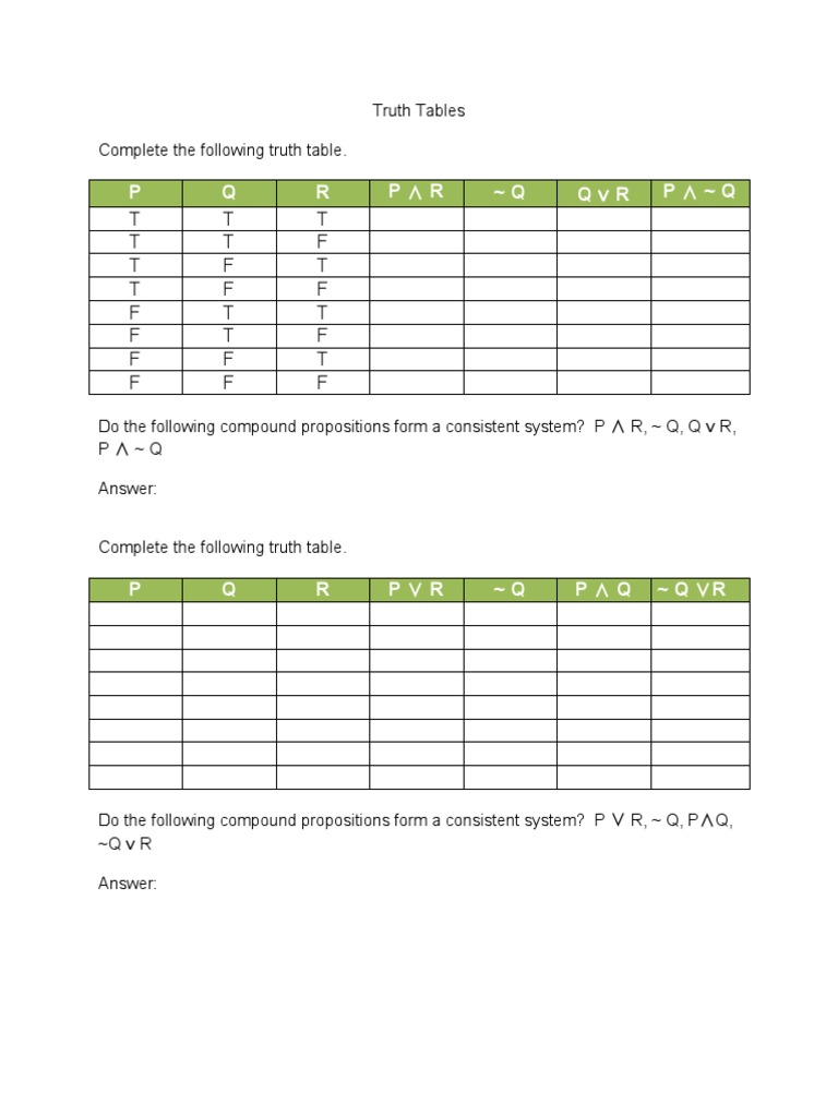 5 Truth Tables Worksheet PDF | PDF