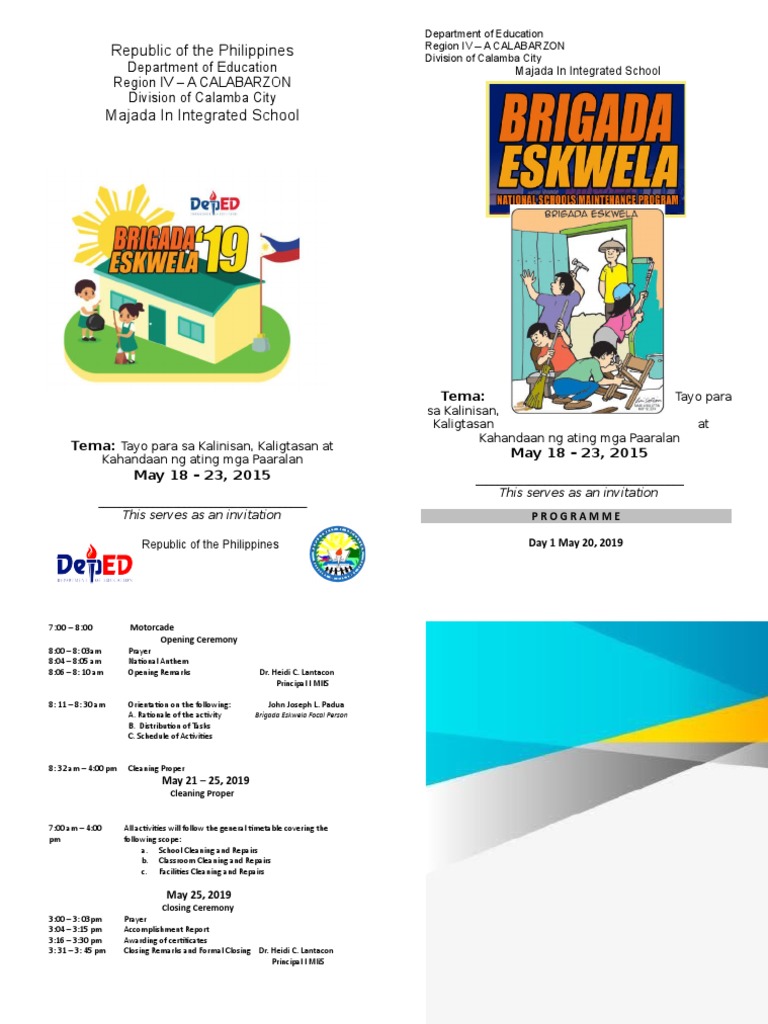 Brigada Eskwela 2019 Program of Activities | PDF | Philippines