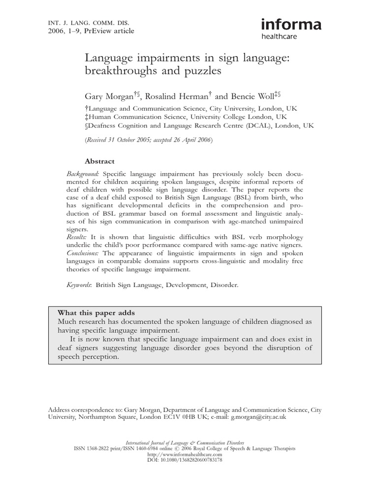 Evidence of Specific Language Impairment in British Sign Language: A Case Study Revealing ...
