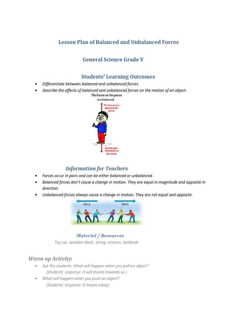 Lesson Plan of Balanced and Unbalanced Forces | PDF | Force | Behavior ...