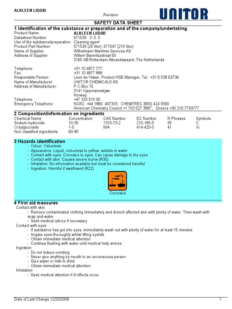ALKLEEN LIQUID Safety Data Sheet | PDF | Dangerous Goods | Water