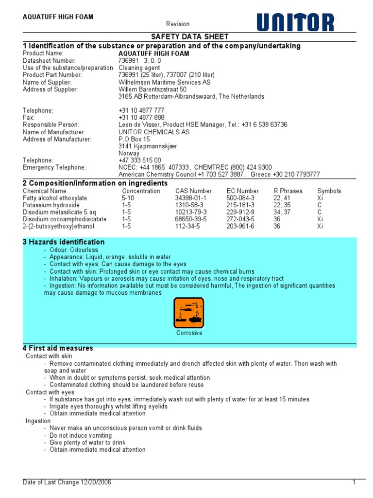 Aquatuff High Foam Safety Data Sheet | PDF | Dangerous Goods | Water