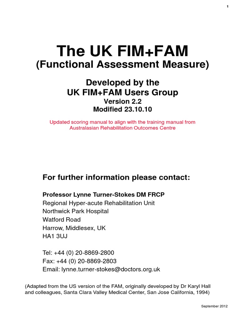 UK FIM+FAM Scoring Manual Guide | PDF | Oral Hygiene | Psychosocial