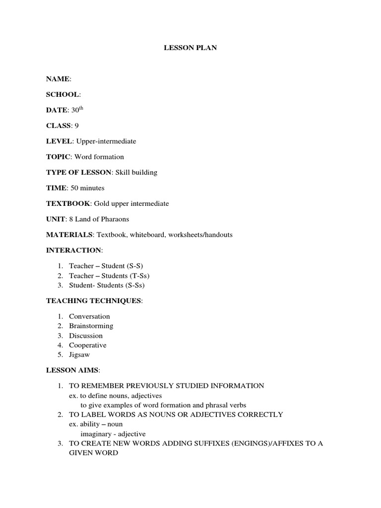 Word Formation Lesson Plan for Class 9 | PDF | Adjective | Lesson Plan