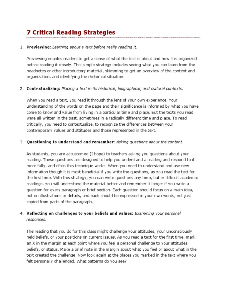 7 Essential Critical Reading Strategies | PDF | Argument | Narration