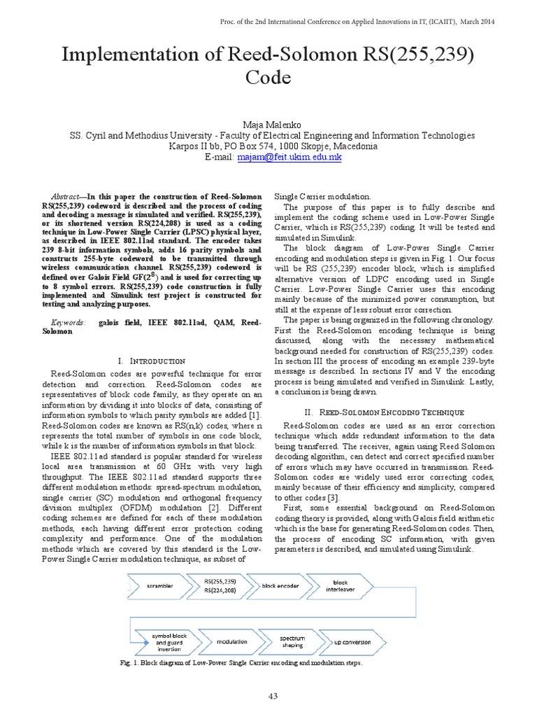 Implementation of Reed-Solomon RS (255,239) Code | PDF | Code | Field ...