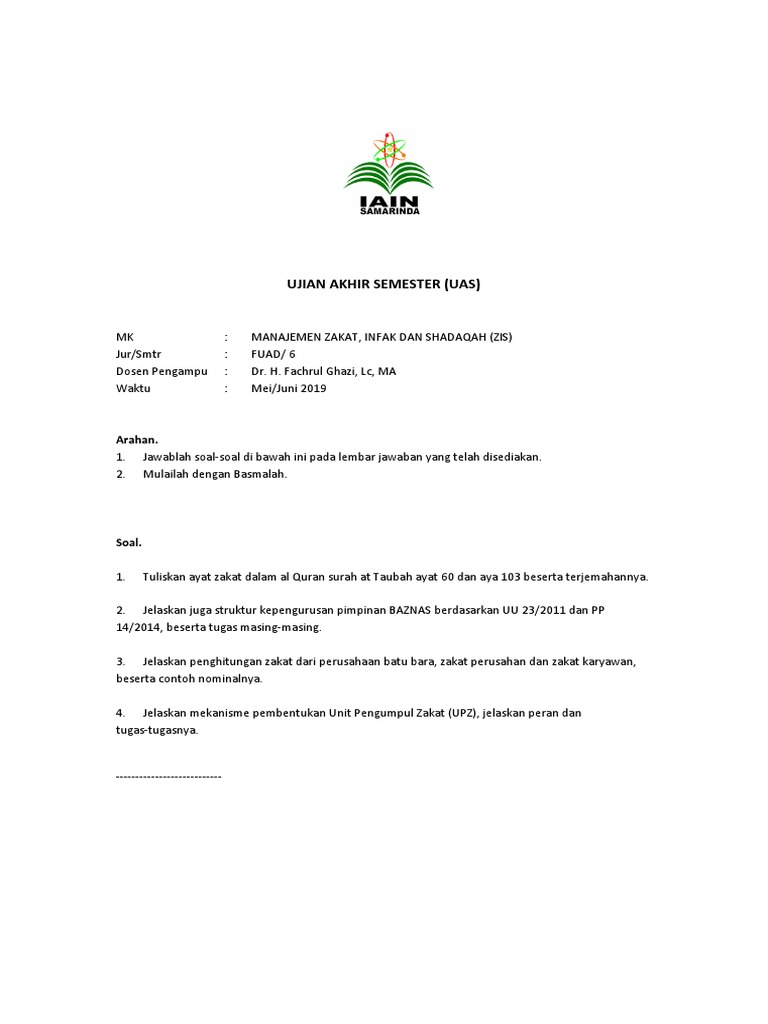 Soal UAS Managemen ZIS FUAD MD SMT 6 Juni 2019 | PDF