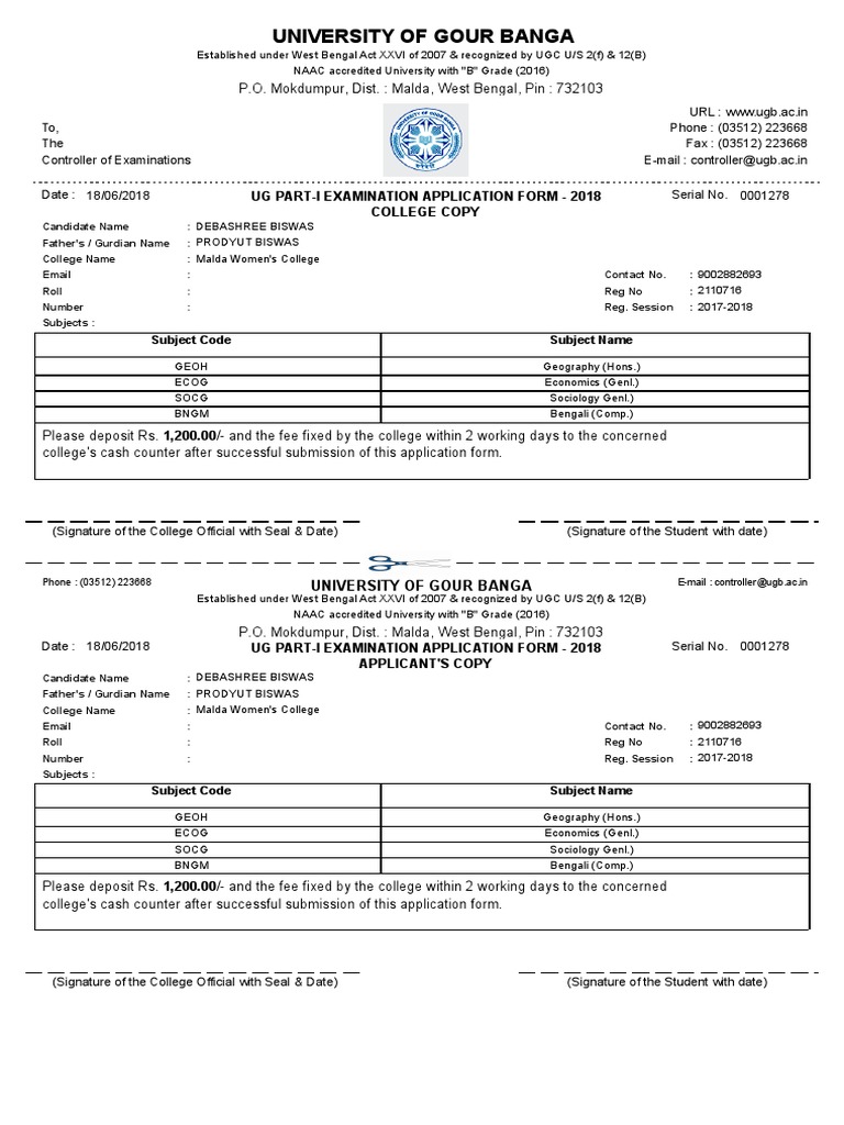 University of Gour Banga: College Copy Ug Part-I Examination ...