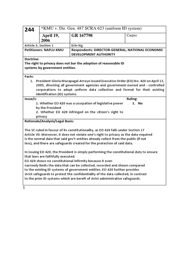 244 - KMU v. Dir. Gen. 487 SCRA 623 (Uniform ID System) | PDF