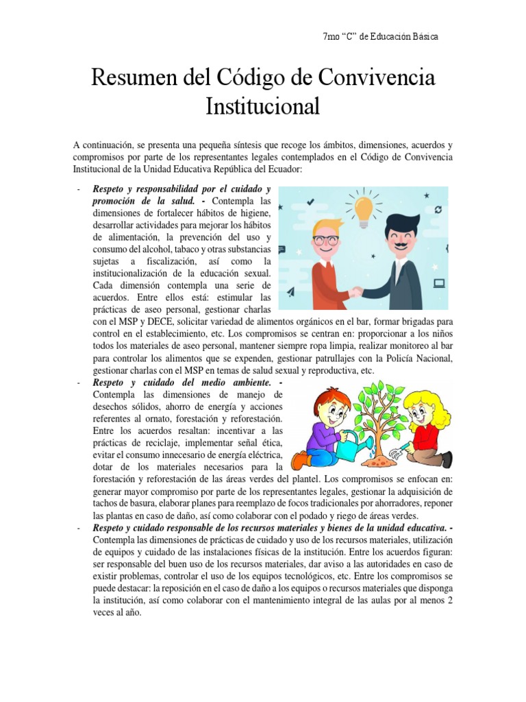 Resumen Del Código De Convivencia Institucional Pdf Residuos