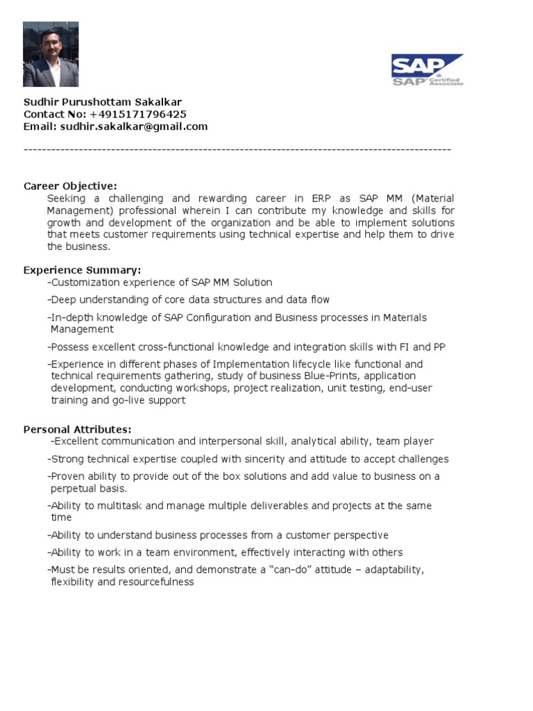 Resume - Sap MM Consultant Sudhir Sakalkar | PDF | Business Process | Inventory