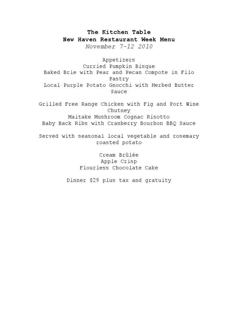 Kitchen Table Dinner Menu | PDF