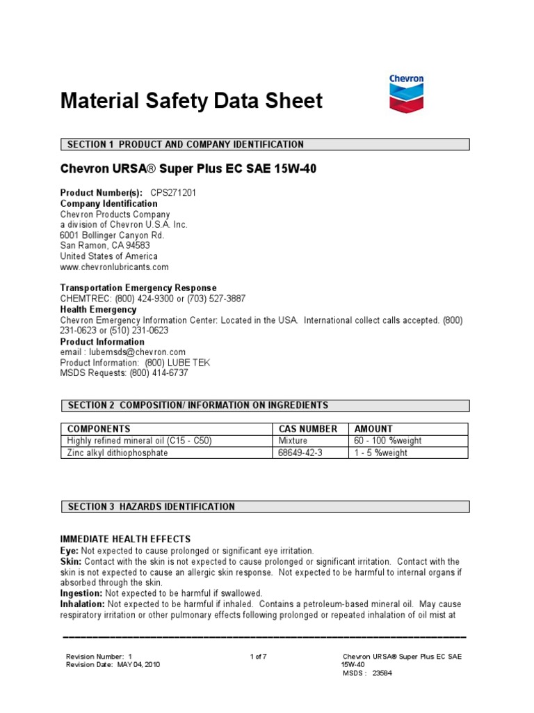 Chevron Ursa SuperPlus EC 15w40 271201 MSDS | PDF | Personal Protective ...