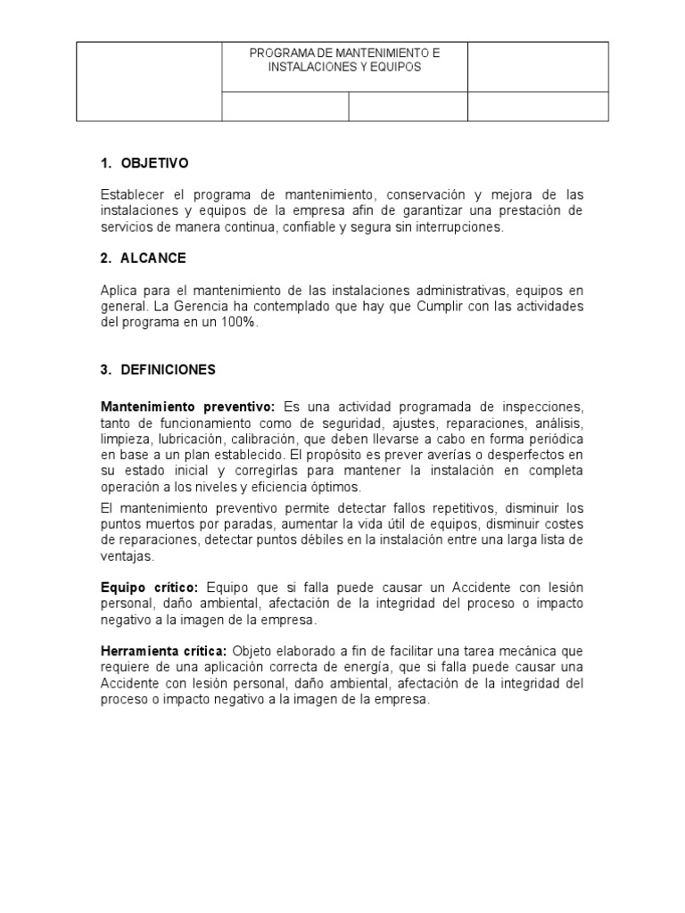 Ejemplo Programa de Mtto e Instalaciones y Equipos | PDF | Software | Informática y tecnología ...