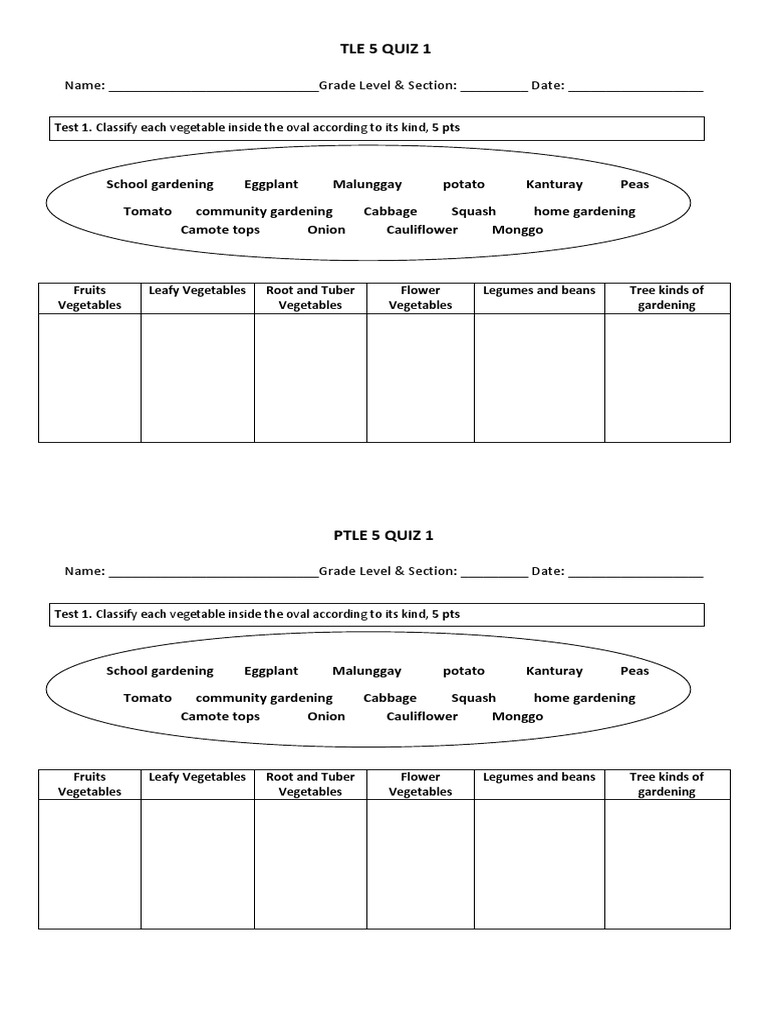 Vegetable Classification Quiz for TLE 5 | PDF | Cooking, Food & Wine ...