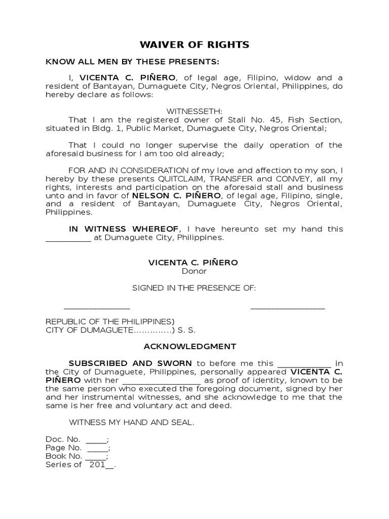 Waiver of Rights - Stall Public Market | PDF