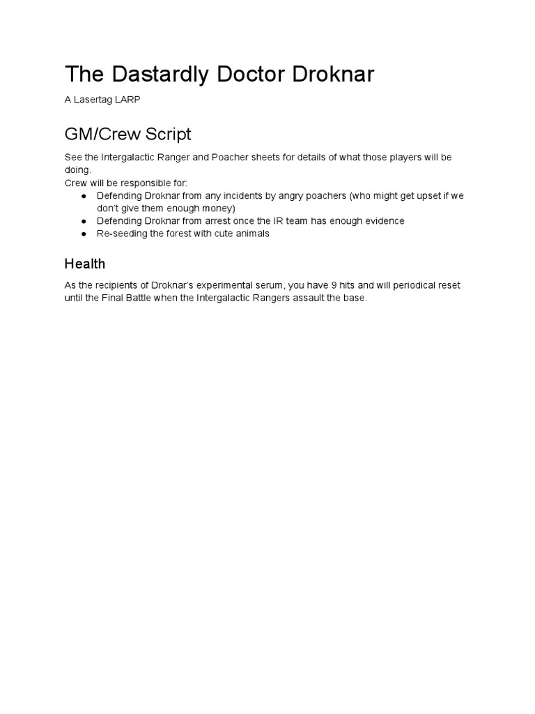 The Dastardly Doctor Droknar: GM/Crew Script | PDF | Poaching | Crime ...