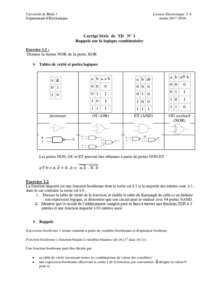 Corrig TD1 2 | PDF | Algèbre de Boole (logique) | Enseignement des mathématiques