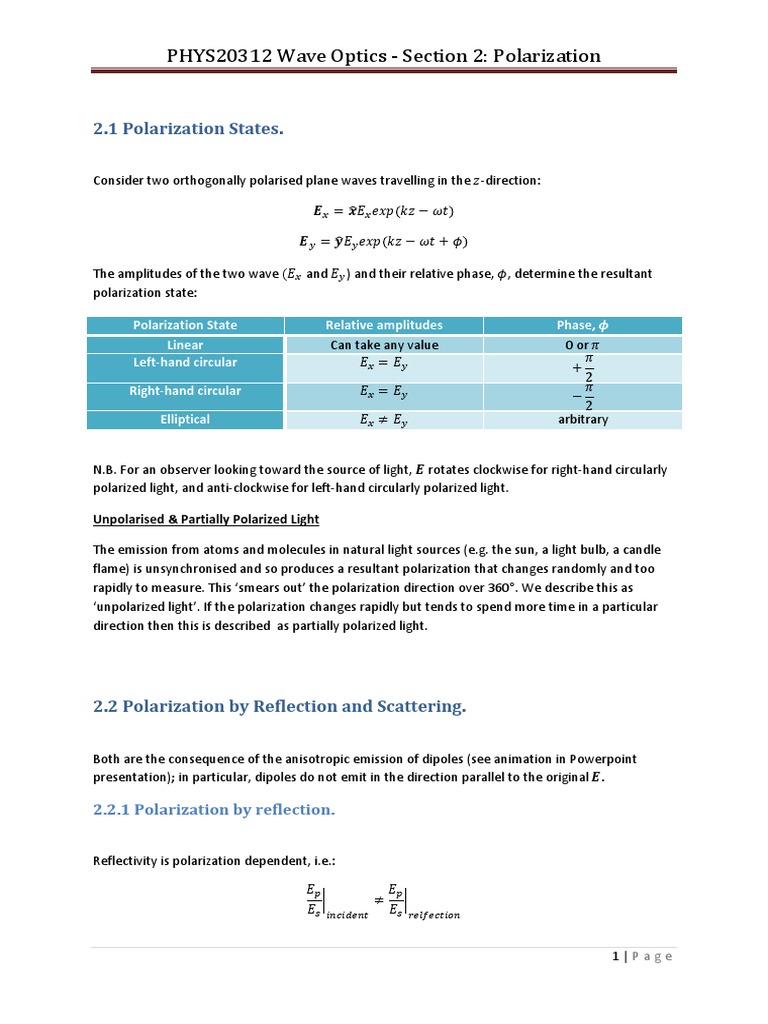 PHYS20312 Wave Optics - Section 2: Polarization | Download Free PDF ...