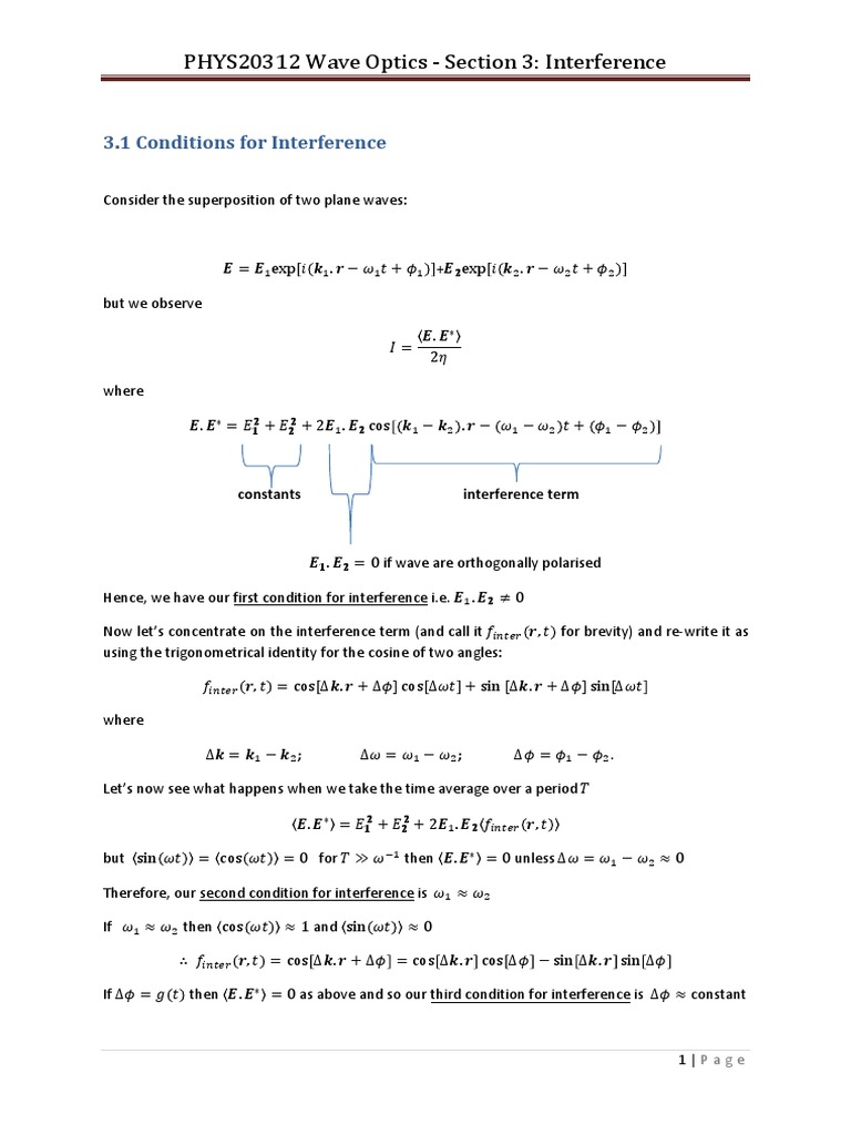 PHYS20312 Wave Optics - Section 3: Interference | PDF | Coherence (Physics) | Interferometry