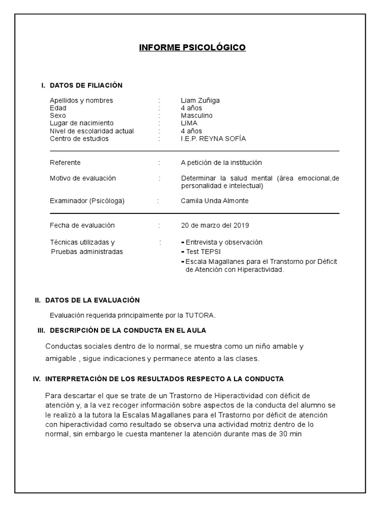 Modelo de Informe Psicologico Niño de 5 Años | PDF | Desorden hiperactivo y deficit de atencion ...