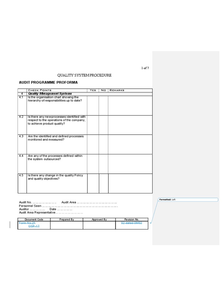 Quality System Procedure Audit Programme Proforma: Form No.21 QSP-17 02 ...
