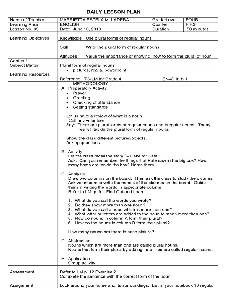 Grade 4 Lesson Plan: Plural Nouns | PDF | Plural | Noun