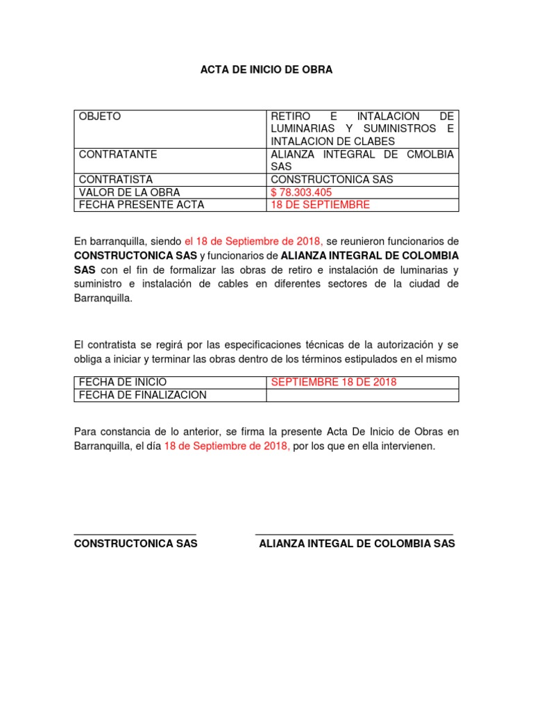Acta de Inicio de Obra | Descargar gratis PDF | Economias | Business