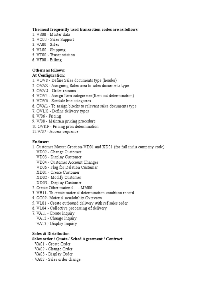 The Most Frequently Used Transaction Codes Are As Follows | PDF | Sales ...