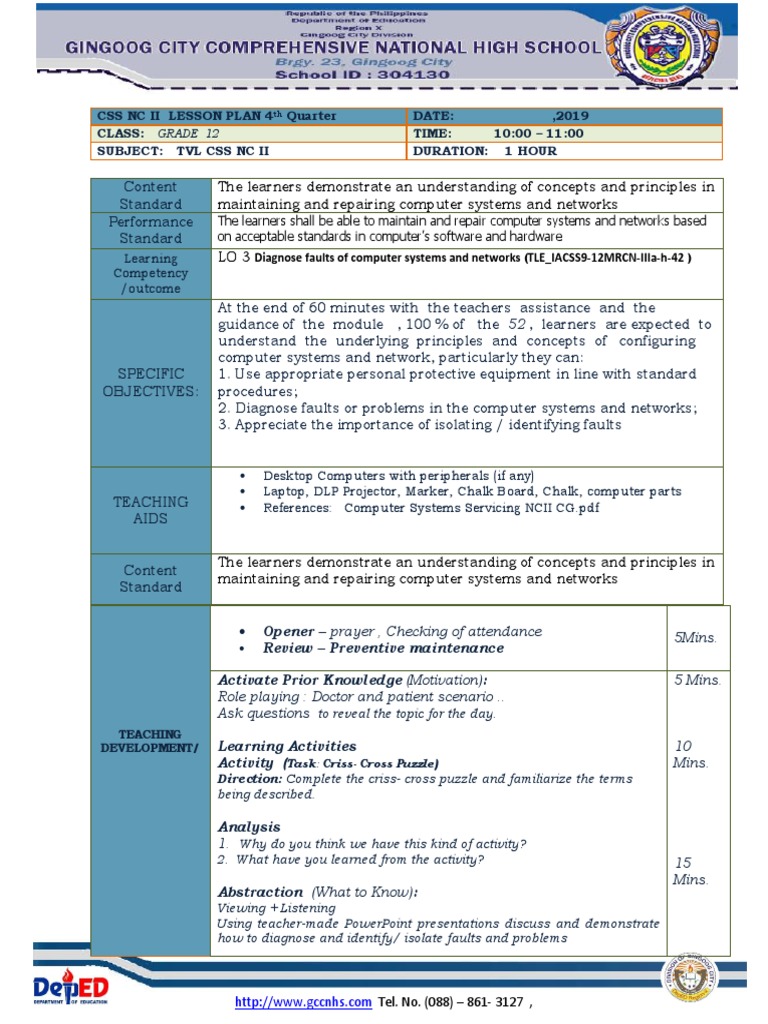 CSS NCII 4rth Quarter Lesson Plan LO3 Isolate | PDF | Learning ...