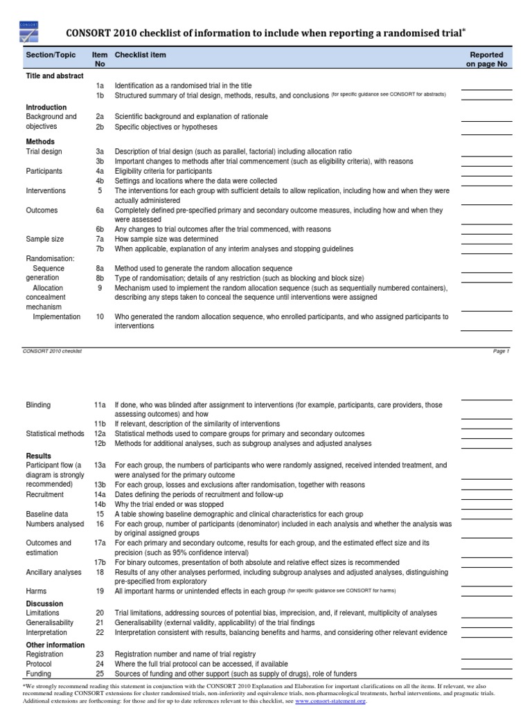 CONSORT 2010 Checklist | PDF | Randomized Controlled Trial | Effect Size
