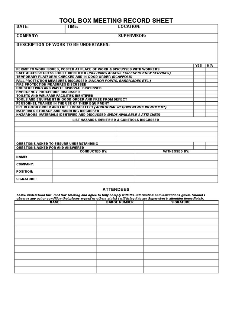 Tool Box Meeting Record Sheet: Date: Time: Location: Company ...