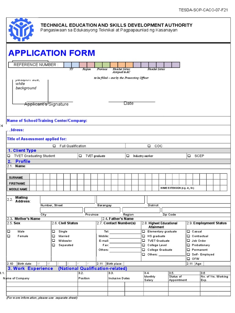 Application Form: Technical Education and Skills Development Authority ...