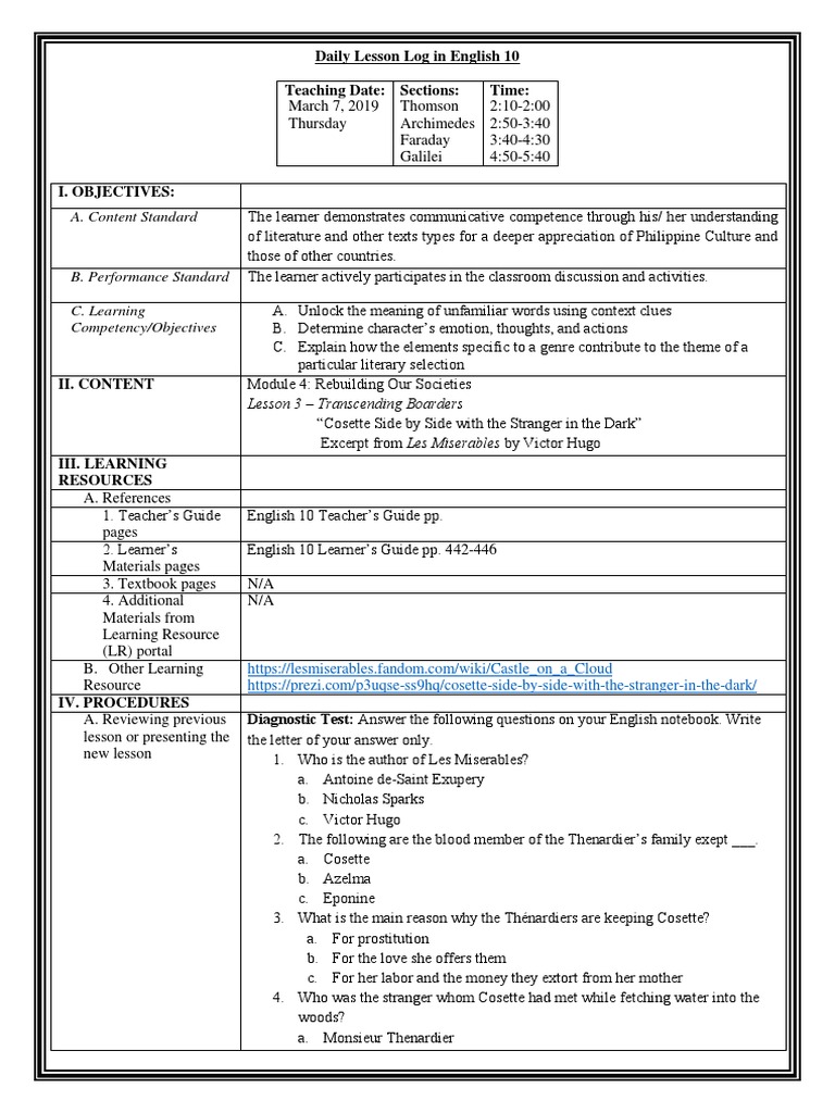 Lesson Plan About "Cosette" From Les Miserables | PDF | Cosette