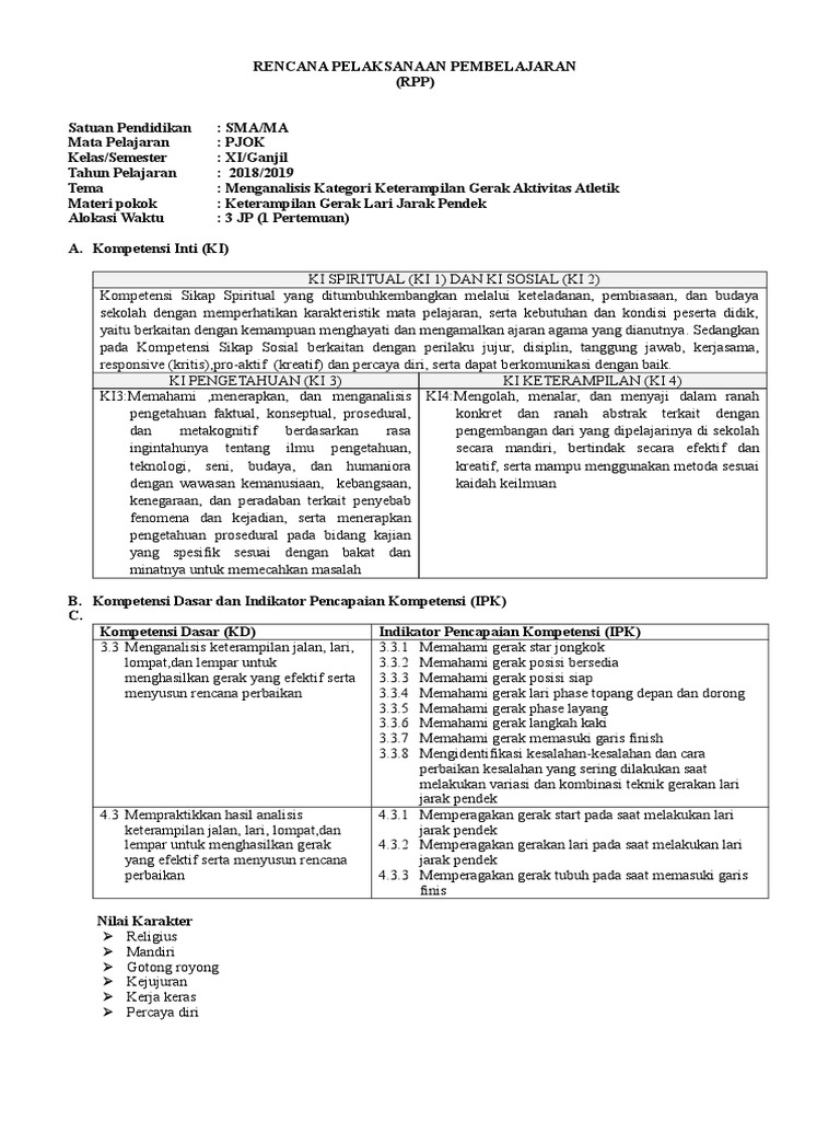 Contoh RPP Lari Jarak Pendek Kelas Xi Sma | PDF