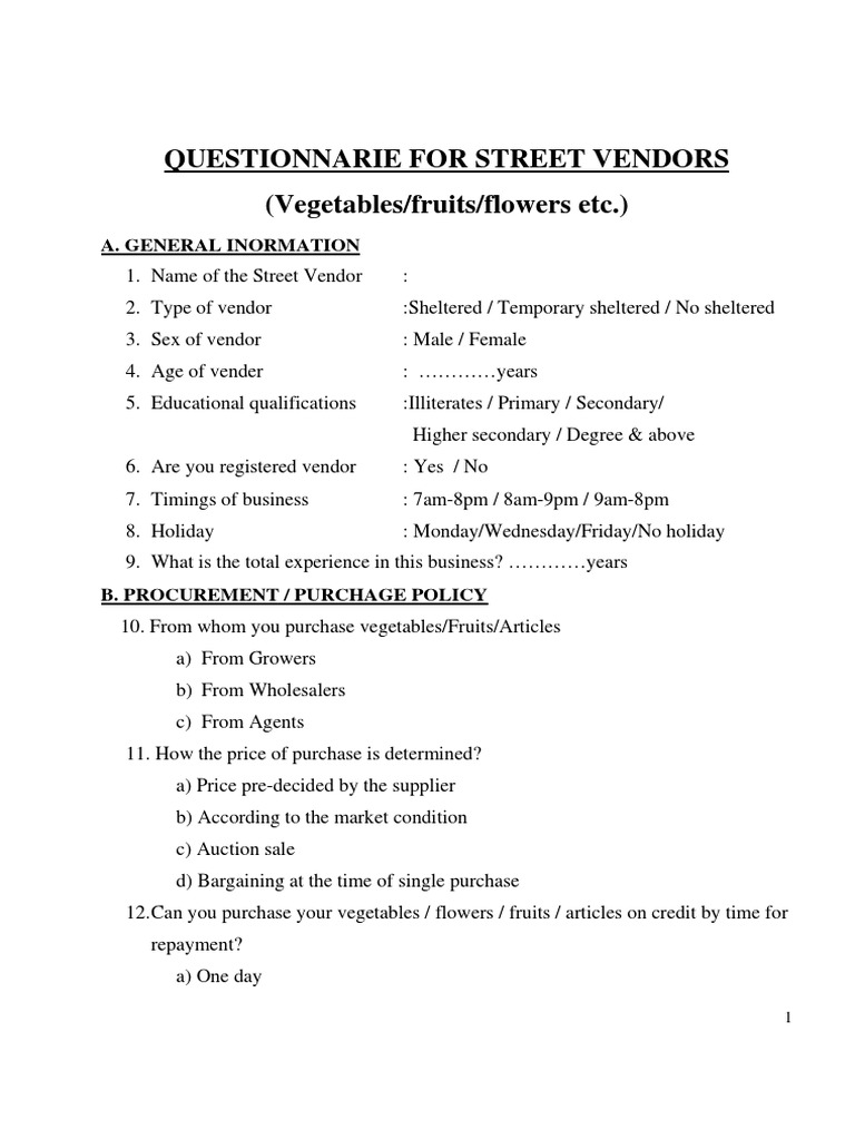 Street Vendors Questionnaire Template | PDF | Pricing | Prices