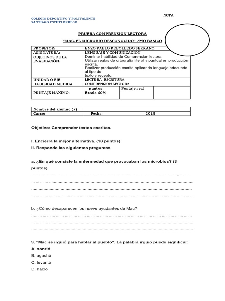 Prueba Mac El Microbio Desconocido | PDF | Comprensión lectora ...