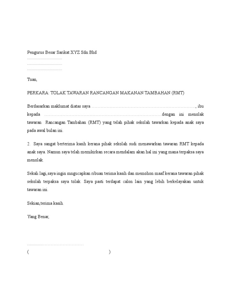 Contoh Surat Tolak Tawaran | PDF
