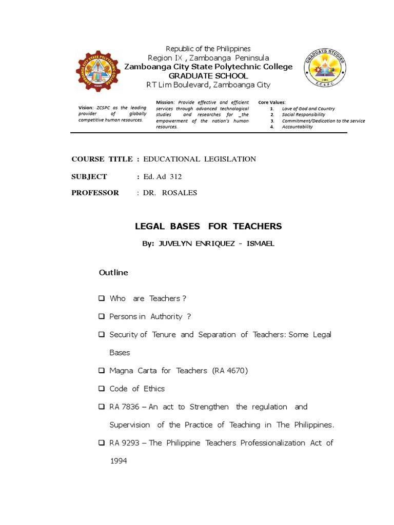Zamboanga City State Polytechnic College Graduate School: Legal Bases ...