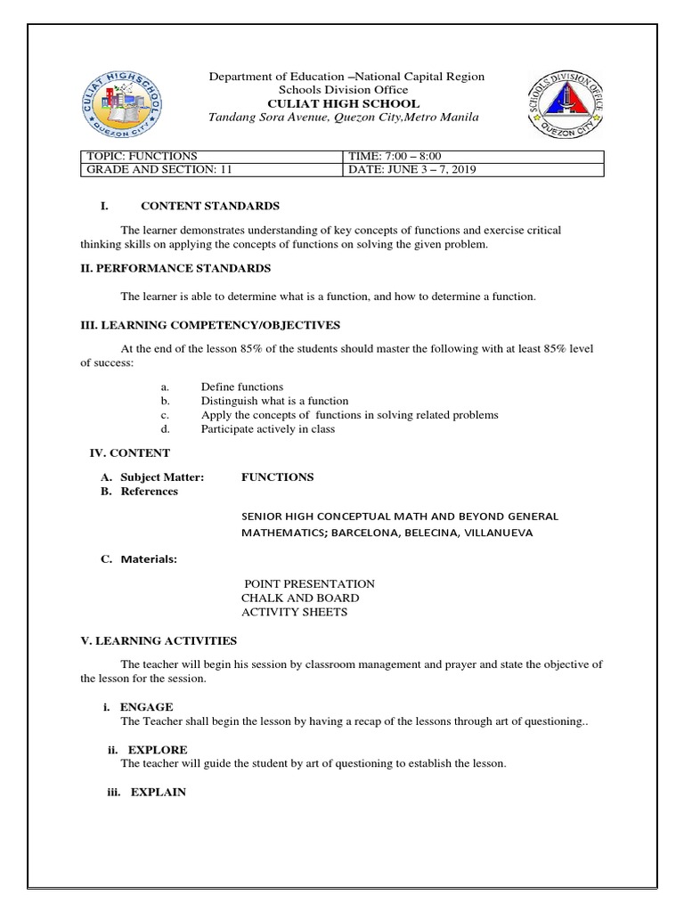 Detailed Lesson Plan in Genmath 1 (Functions) | PDF | Function (Mathematics) | Teachers