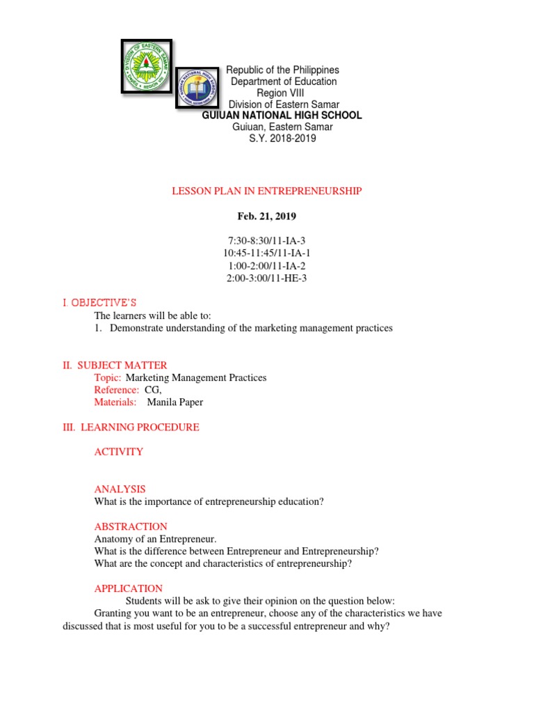 Lesson Plan in Entrepreneurship: Guiuan National High School | PDF