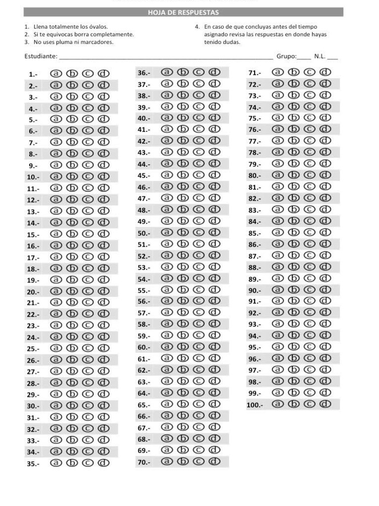 Hoja De Respuestas De 100 Preguntas Para Imprimir 6º EXAMEN TRIMESTRE