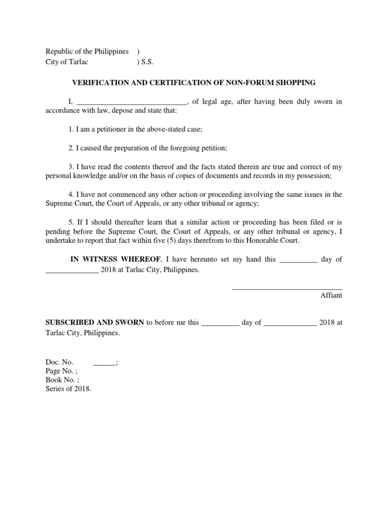 Verification of Non-Forum Shopping Form | PDF