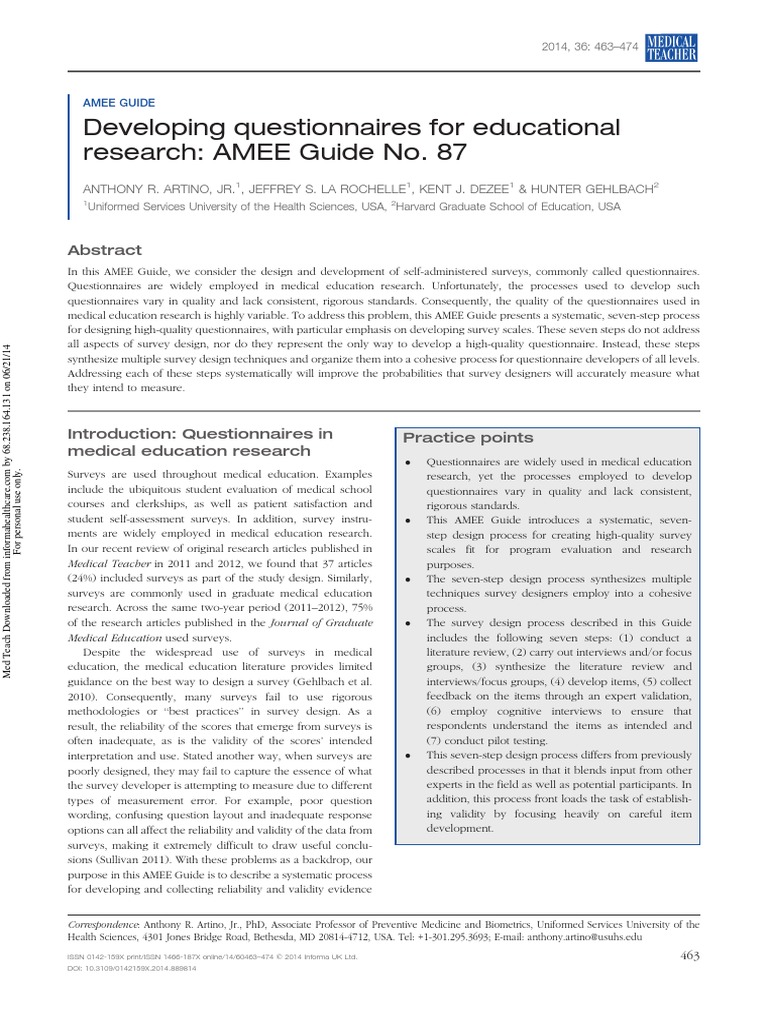 Developing Questionnaires For Educational Research AMEE Guide No 87